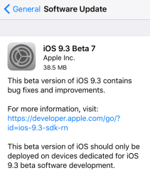 Apple lanza iOS 9.3 beta 7 para desarrolladores y beta pública